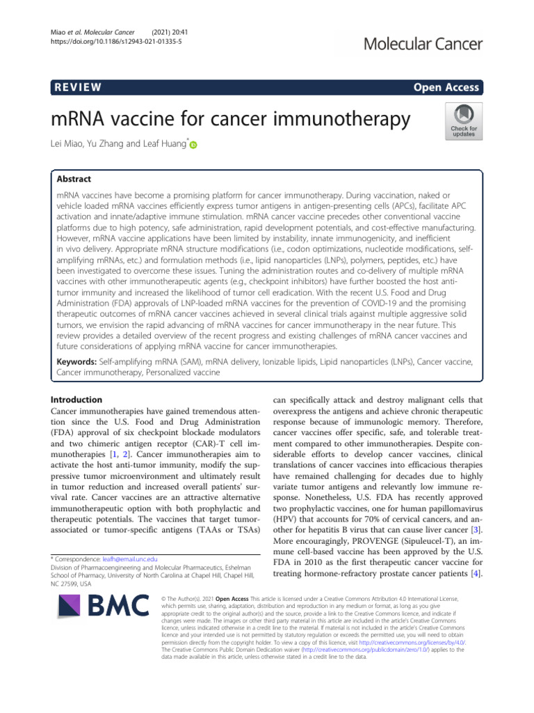 mRNA Vaccine For Cancer Immunotherapy: Review Open Access | Download Free PDF | Messenger Rna | Rna