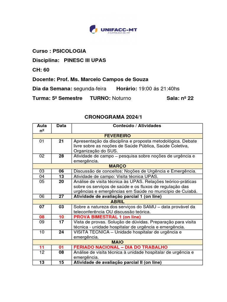 Cronograma de Aulas Pinesc Iii 2024 1 | PDF