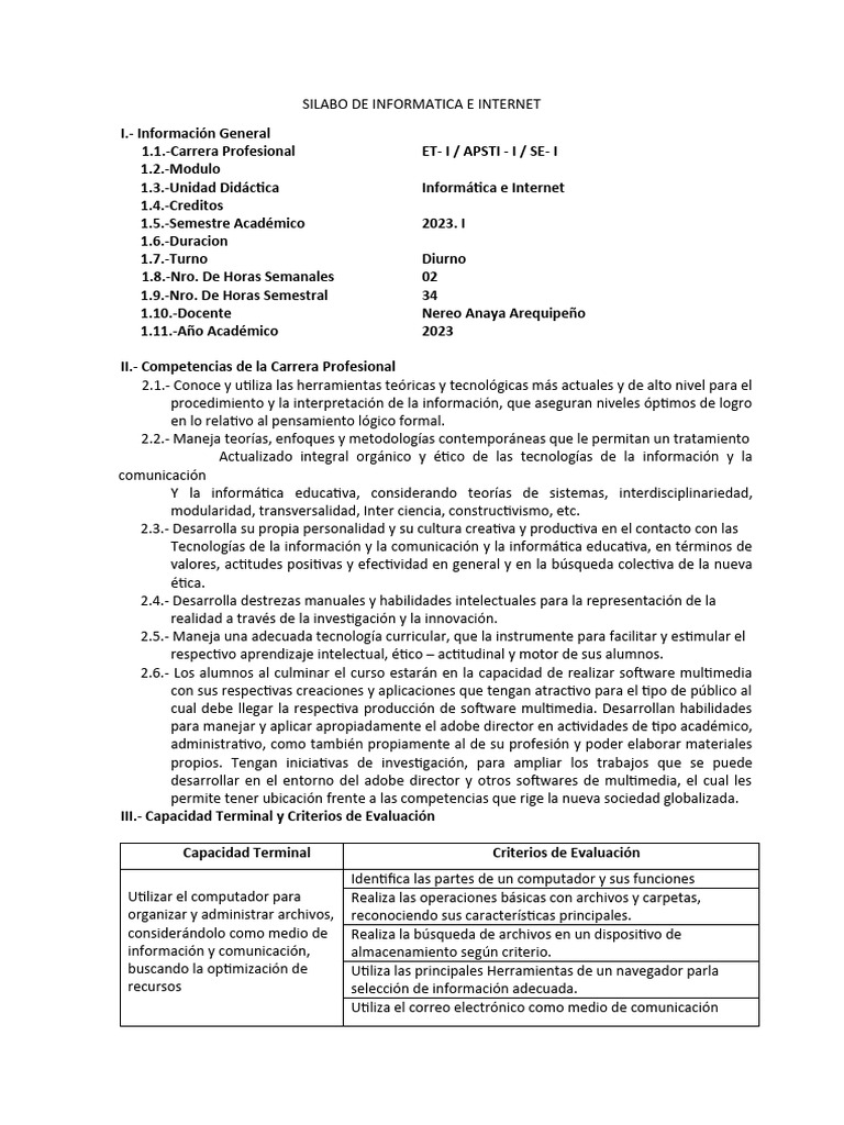 Silabo de Informatica e Internet | PDF | Archivo de computadora | Hardware de la computadora
