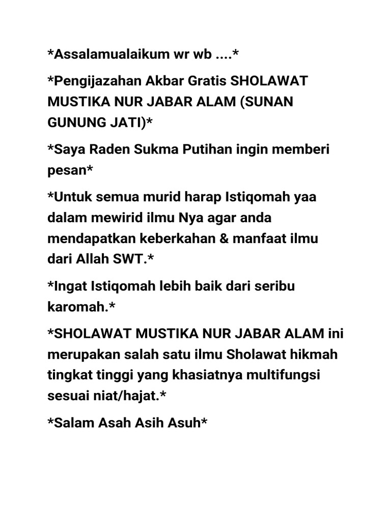 Sholawat Mustika Nur Jabar Alam | PDF