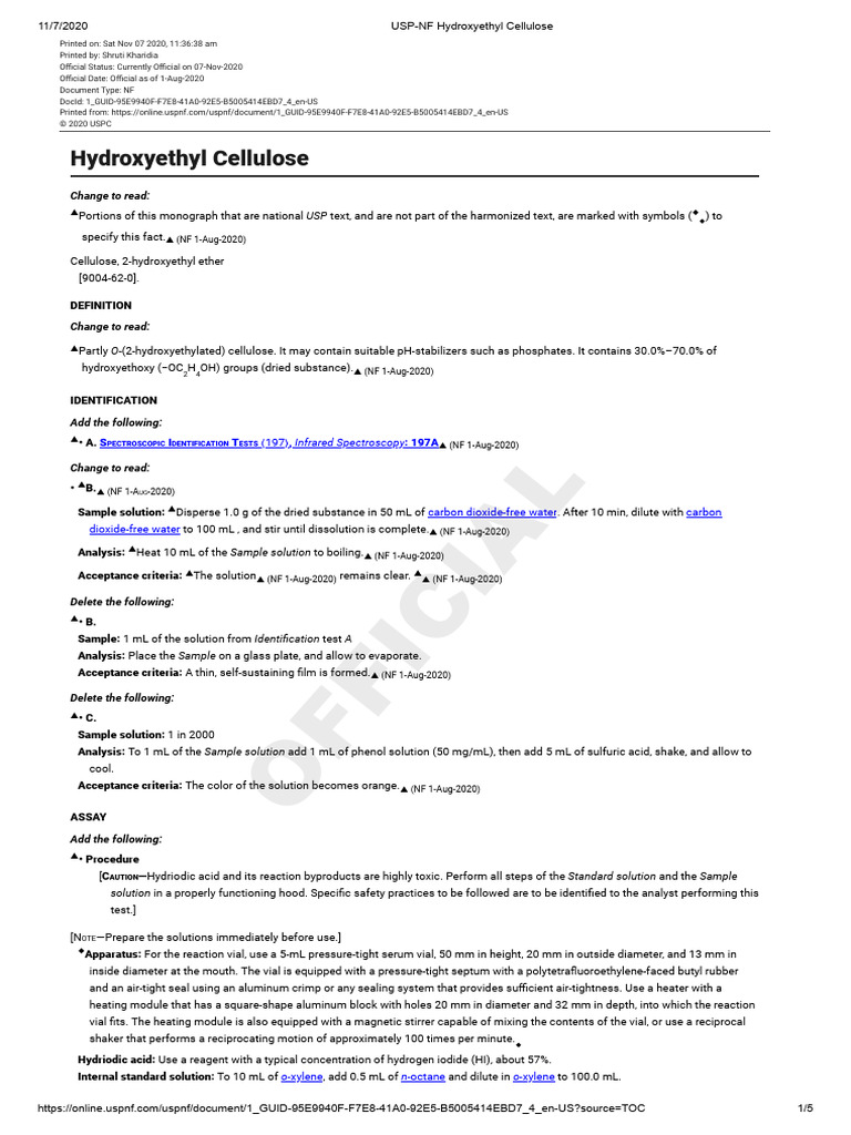 Hydroxyethyl Cellulose USP Monograph | PDF | Viscosity | Analytical ...