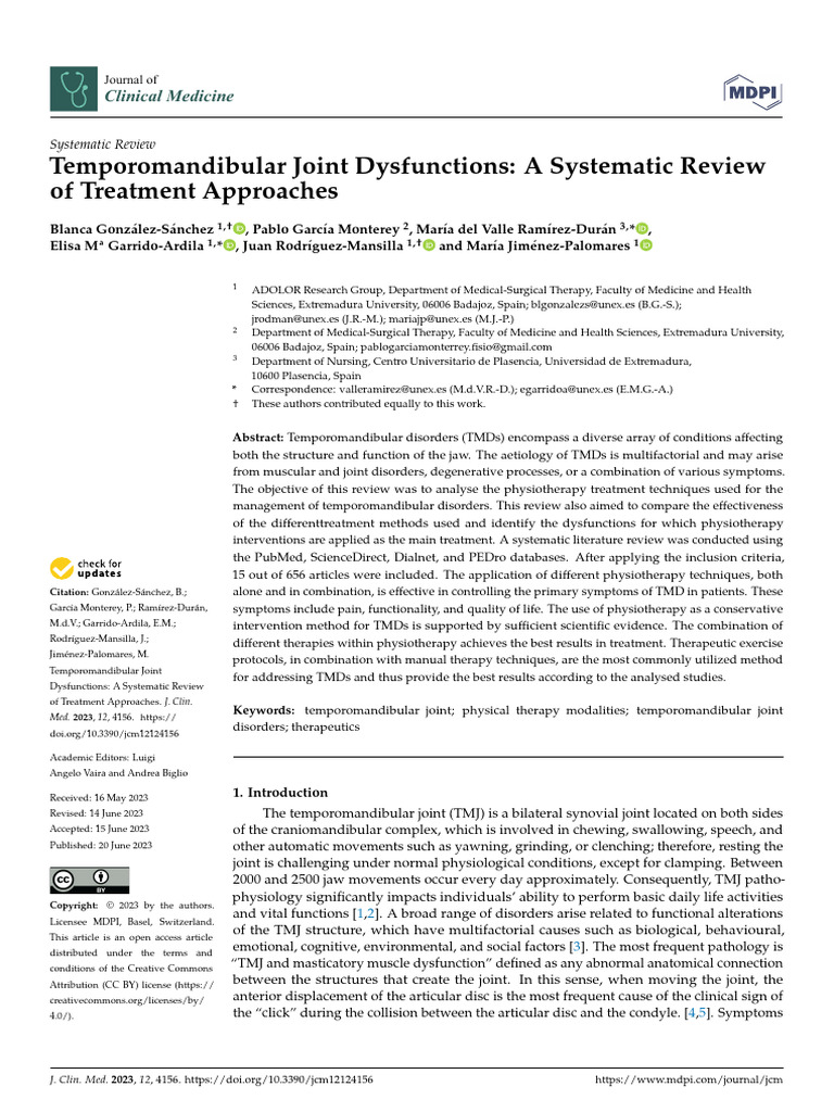 Temporomandibular Joint Dysfunctions: A Systematic Review of Treatment Approaches | PDF ...