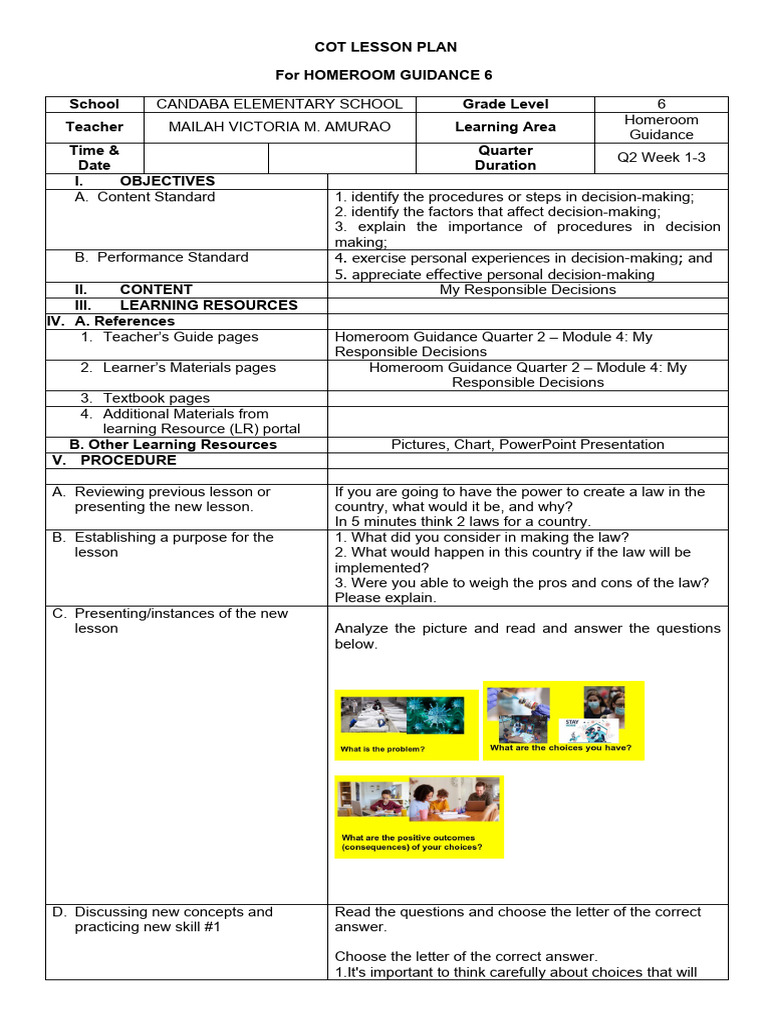 Grade 6 Homeroom Guidance COT Plan | PDF | Lesson Plan | Decision Making