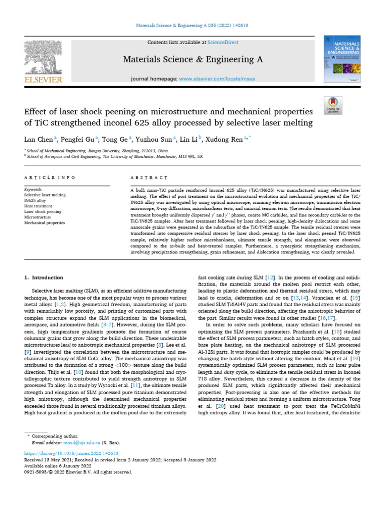 Effect of Laser Shock Peening On Microstructure and Mechanical Properties of TiC Strengthened ...