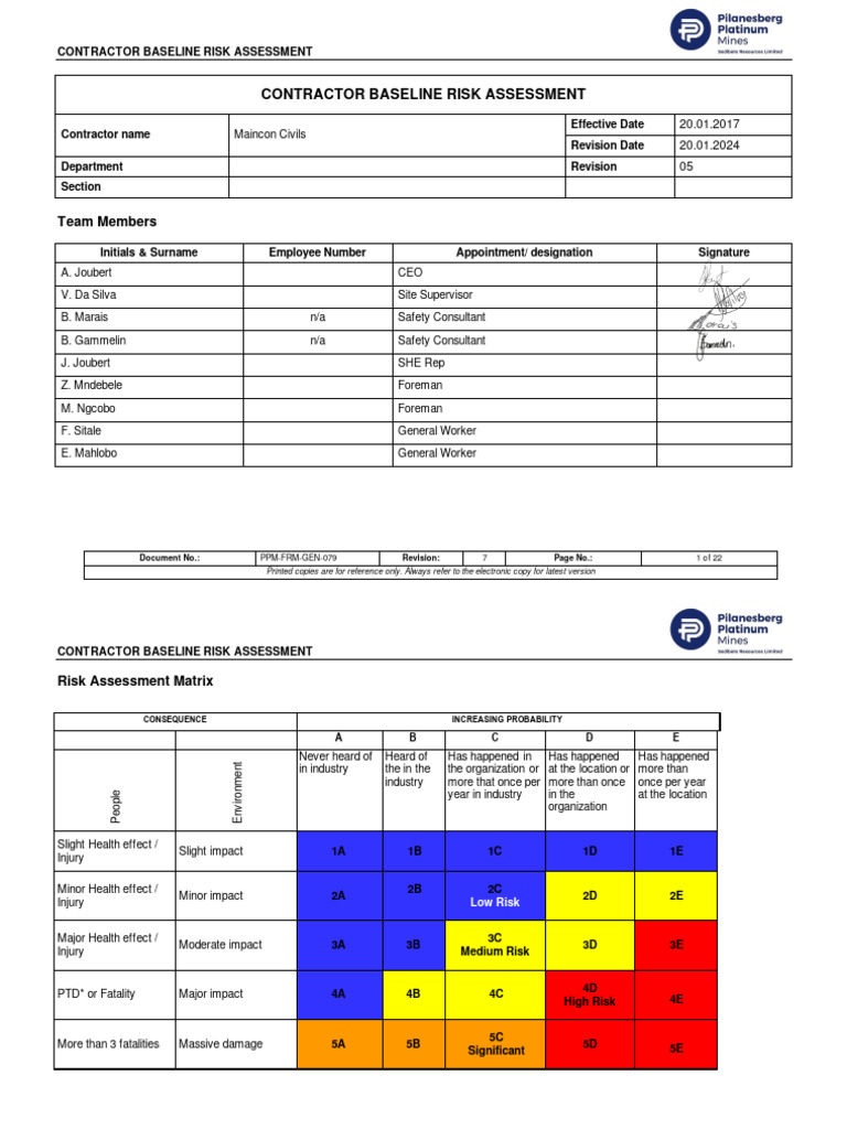 PPM-FRM-GEN-079 Contractor Baseline Risk Assessment | PDF | Risk | Risk ...