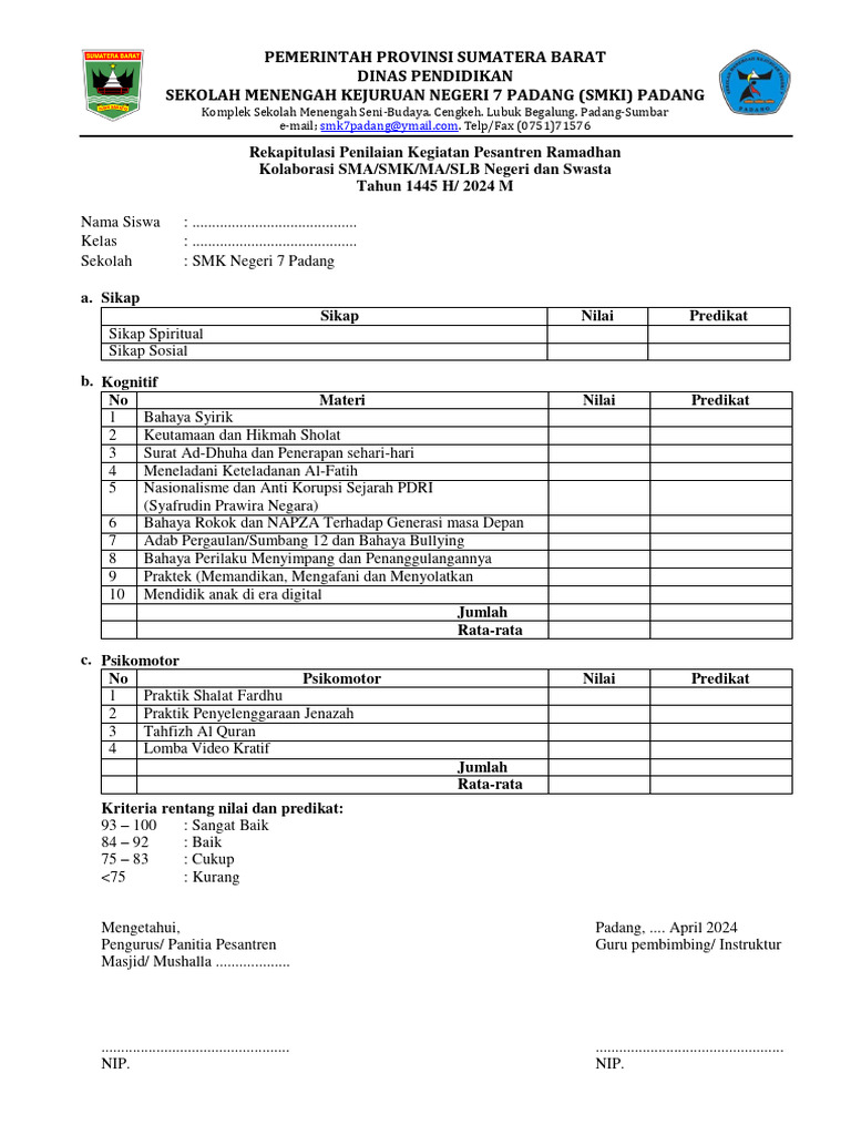 Rekapitulasi Penilaian Kegiatan Pesantren Ramadhan 2024 | PDF