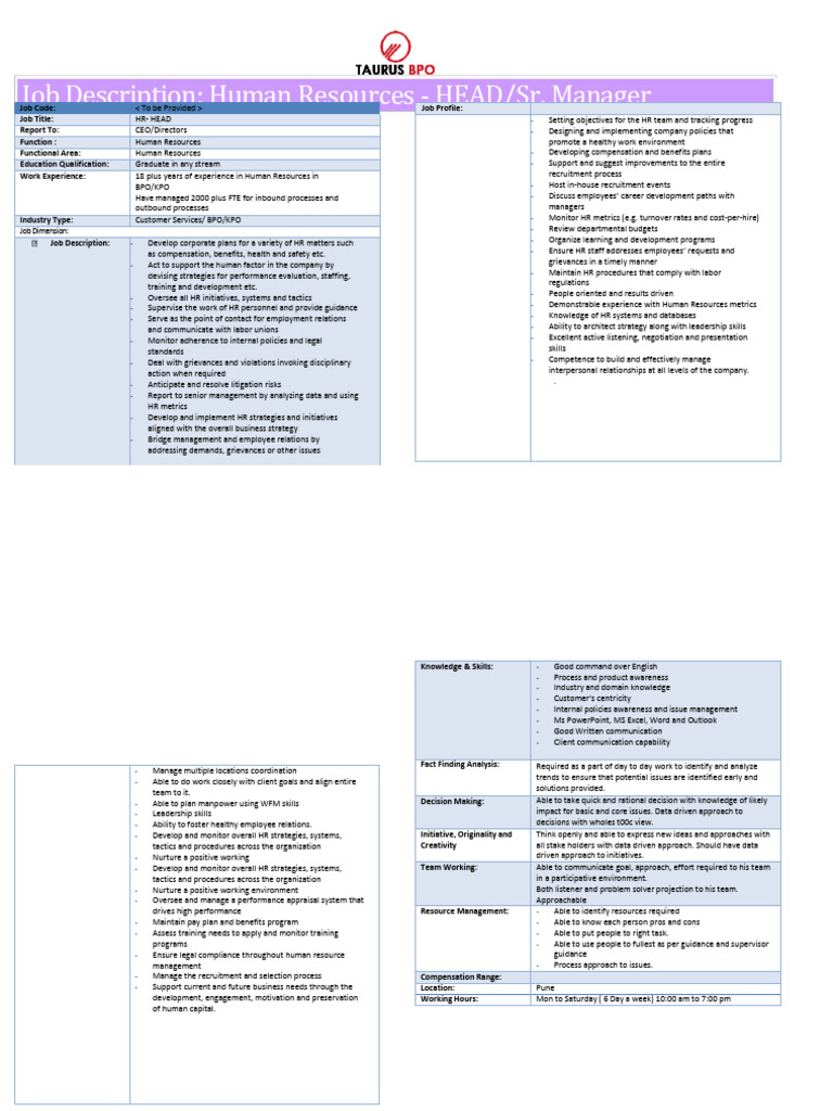 Taurus BPO - JD - HR Head - 2023 | PDF | Human Resources | Outsourcing