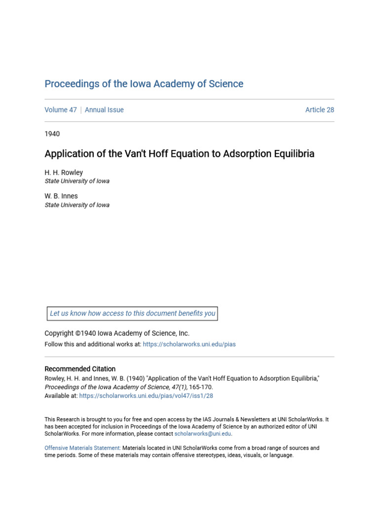 Application of The Vant Hoff Equation To Adsorption Equilibria | PDF | Adsorption | Phases Of Matter