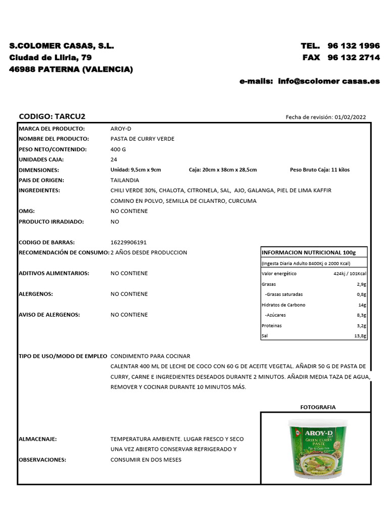Pasta de Curry Verde AROY-D 400g | PDF | Curry | Ingredientes de comida