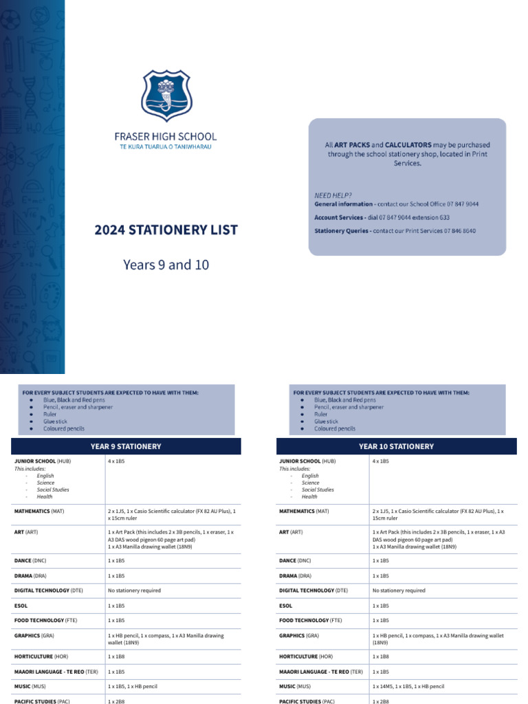 2024 - 01 - 15 - Yr 9 10 Stationery List 2024 | PDF | Office Work