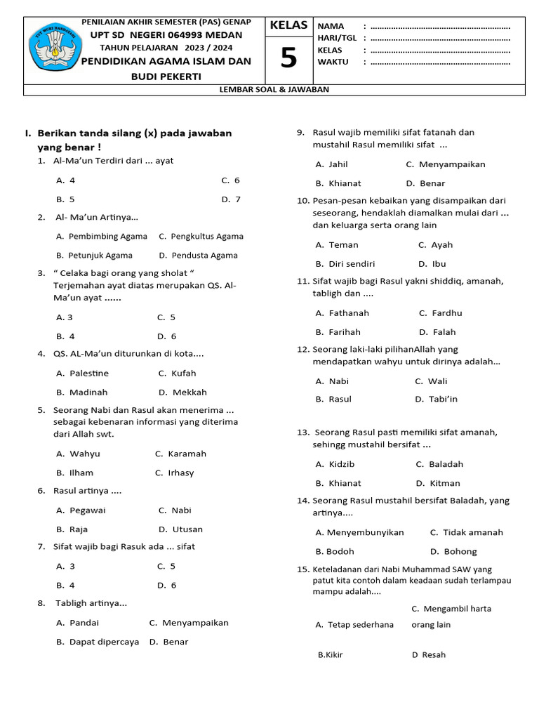 Soal Pts. Pai Kls-5 Semester-2 (Nur Aini) @ | PDF