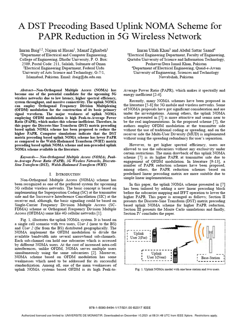 A Dst Precoding Based Uplink Noma Scheme For Papr Reduction In 5g Wireless Network Pdf