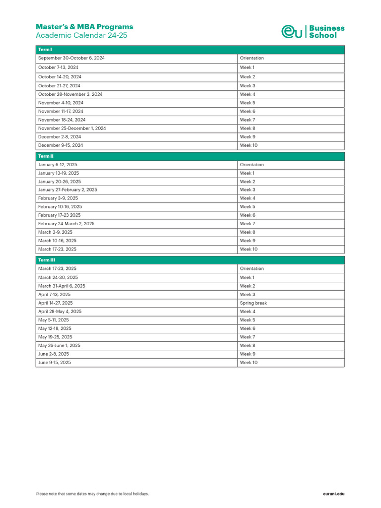 Masters and MBA-calendar 24-25 | PDF | Holidays | Observances