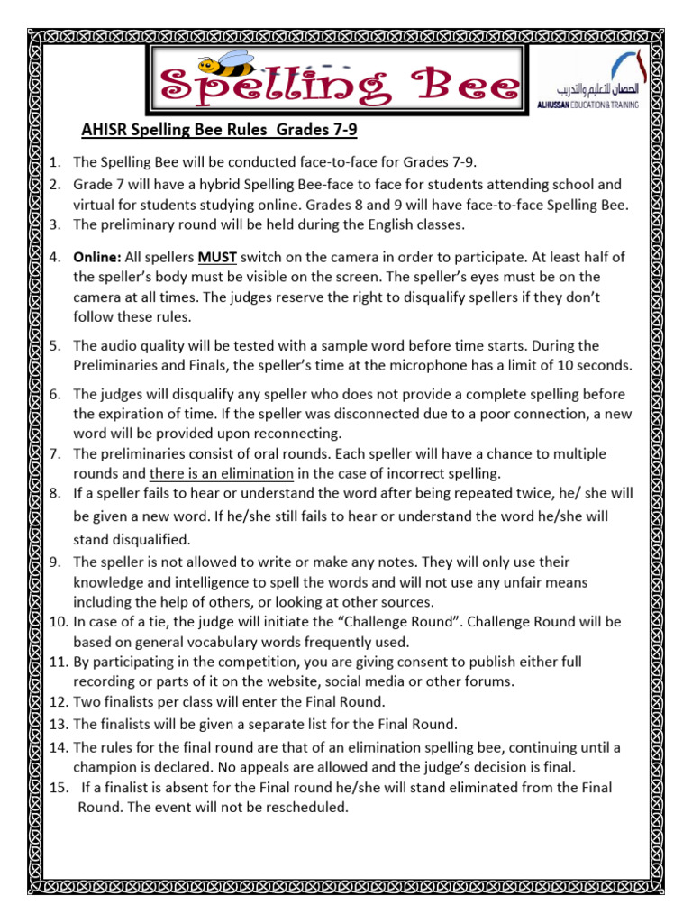 Spelling - Bee - Rules - Grades 7-9 | PDF