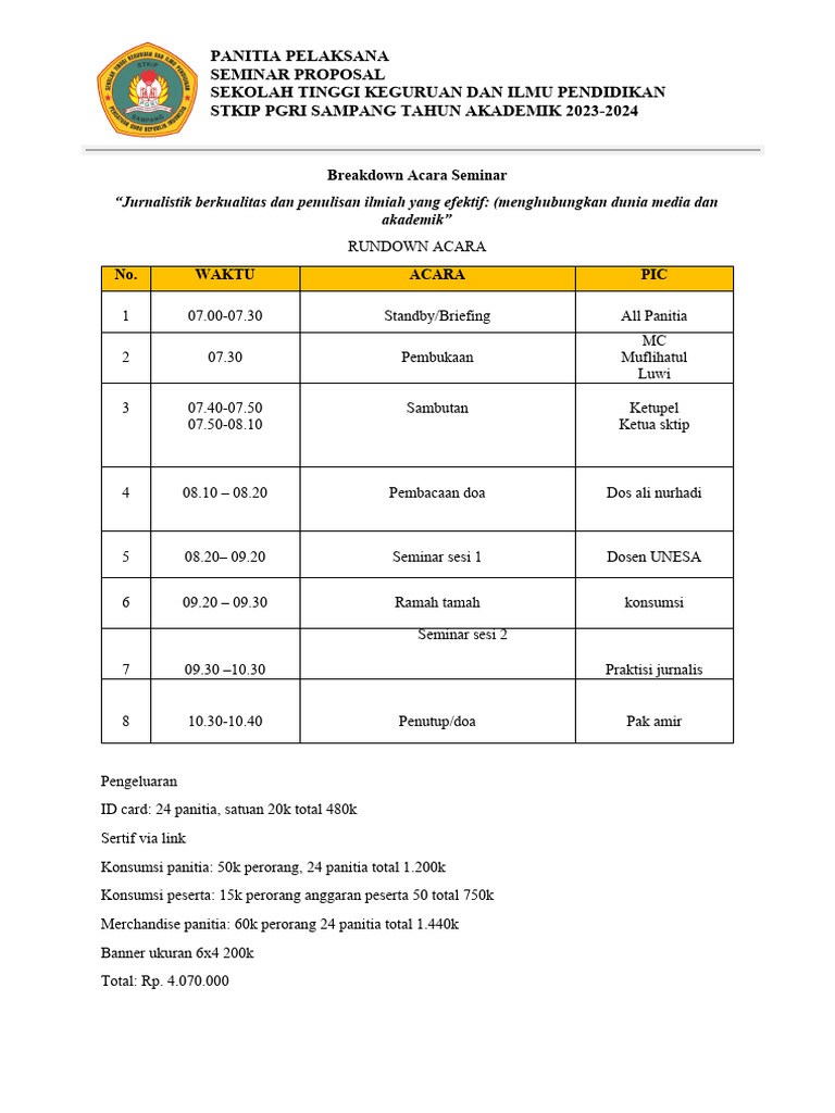 Breakdown Acara Seminar | PDF