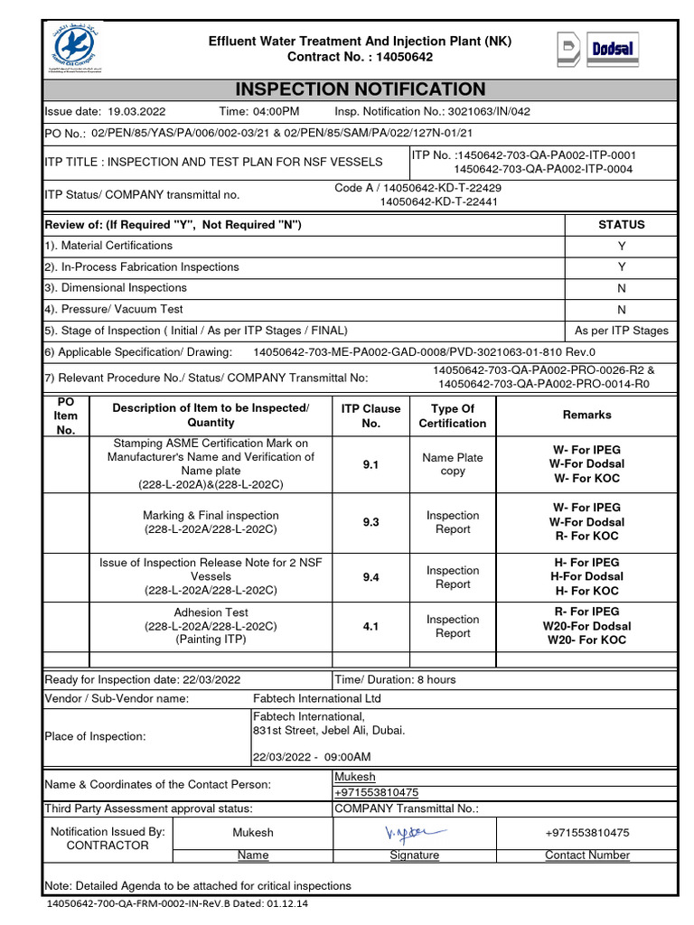 Inspection Notification for NSF Vessels | PDF