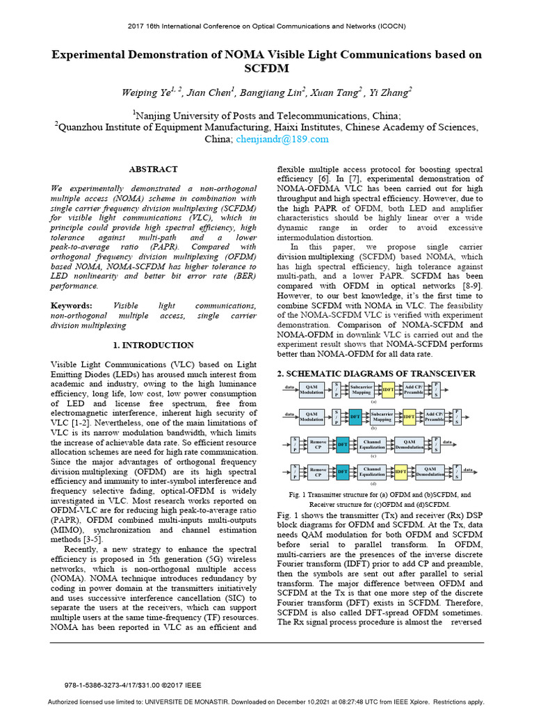 Experimental Demonstration of NOMA Visible Light Communications Based On SCFDM | PDF ...