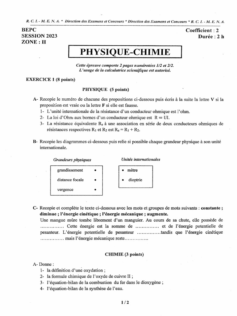 Sujet Et Corrige Bepc 2023 Physique-Chimie Zone-2 Cote D'ivoire | PDF