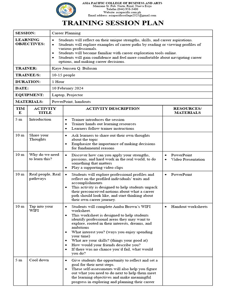 Session Plan | PDF | Learning | Education Theory