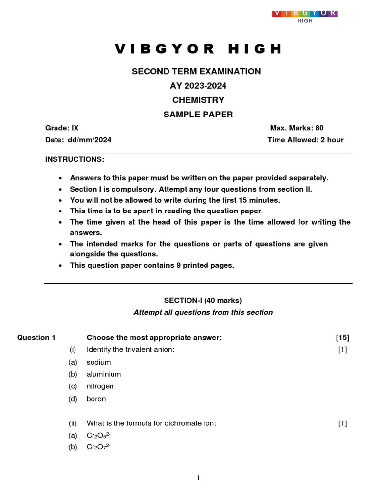 ICSE Class 9 Chemistry Sample Paper 2023 | PDF | Gases | Chemical Reactions