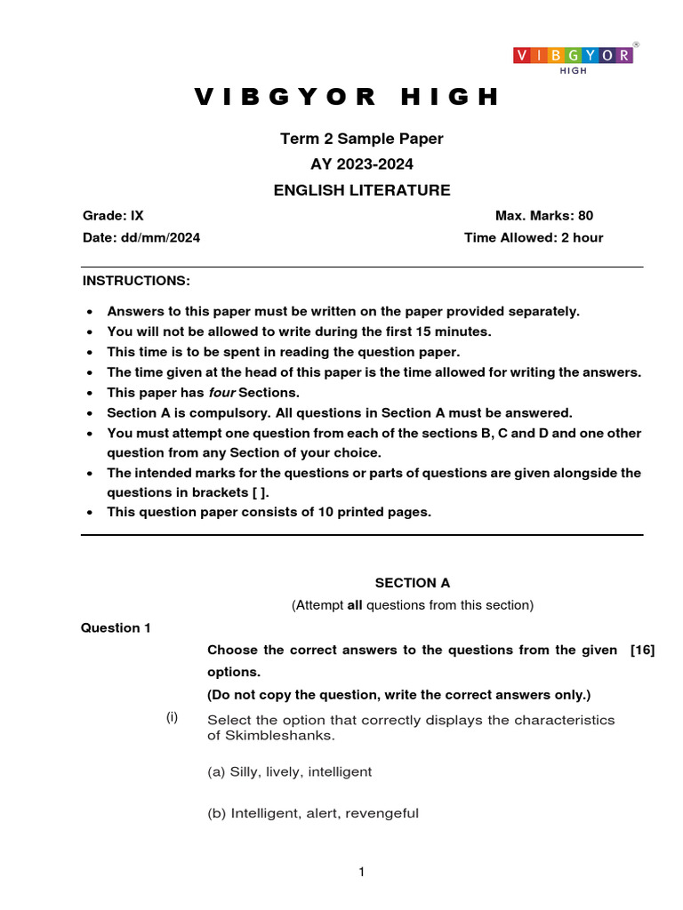 Grade 9 - T2 - Eng Lit Sample Paper (2023-2024) | PDF