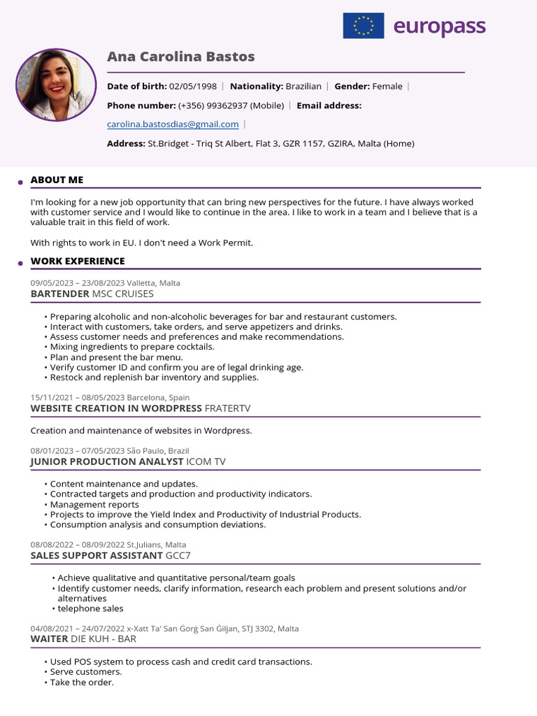 CV - Ana Carolina Bastos | PDF | Technical Support | Point Of Sale