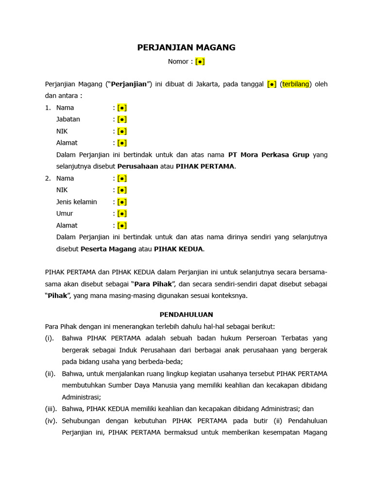 Draft Perjanjian Magang | PDF