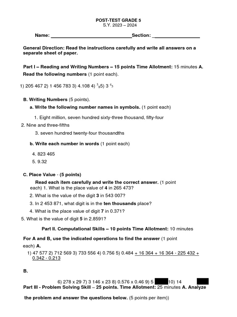 Grade 5 Project An Assessment Tool 2021-2022 (Post Test) | PDF