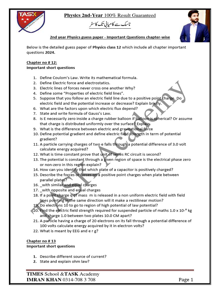Physics 2nd Year Imp Short | PDF | Electric Field | Inductance
