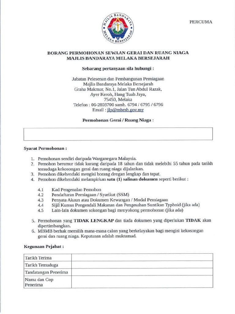 MBMB-borang Permohonan Sewaan Gerai Dan Ruang Niaga | PDF