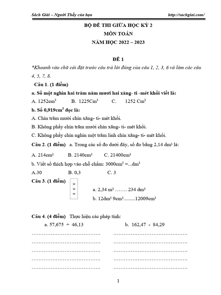 Bo de Thi Giua Ki 2 Mon Toan Lop 5 | PDF