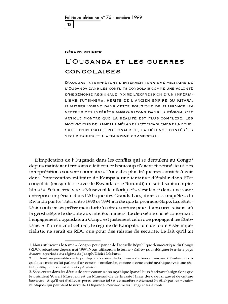 Rwanda - Gérard Prunier - L'Ouganda Et Les Guerres Du Congo | PDF ...