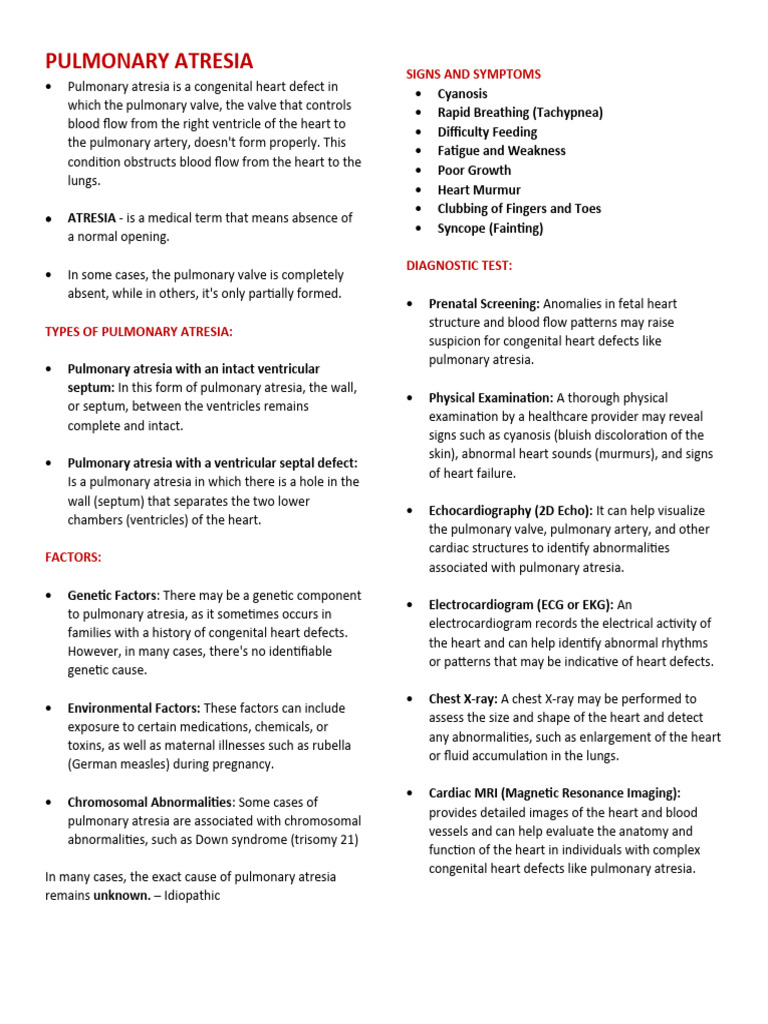 Pulmonary Atresia | PDF | Heart | Congenital Heart Defect