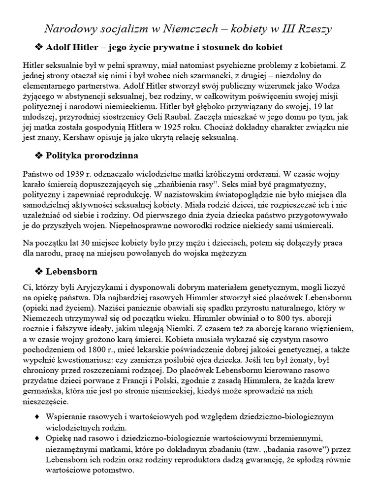 Narodowy Socjalizm W Niemczech - Kobiety W III Rzeszy | PDF