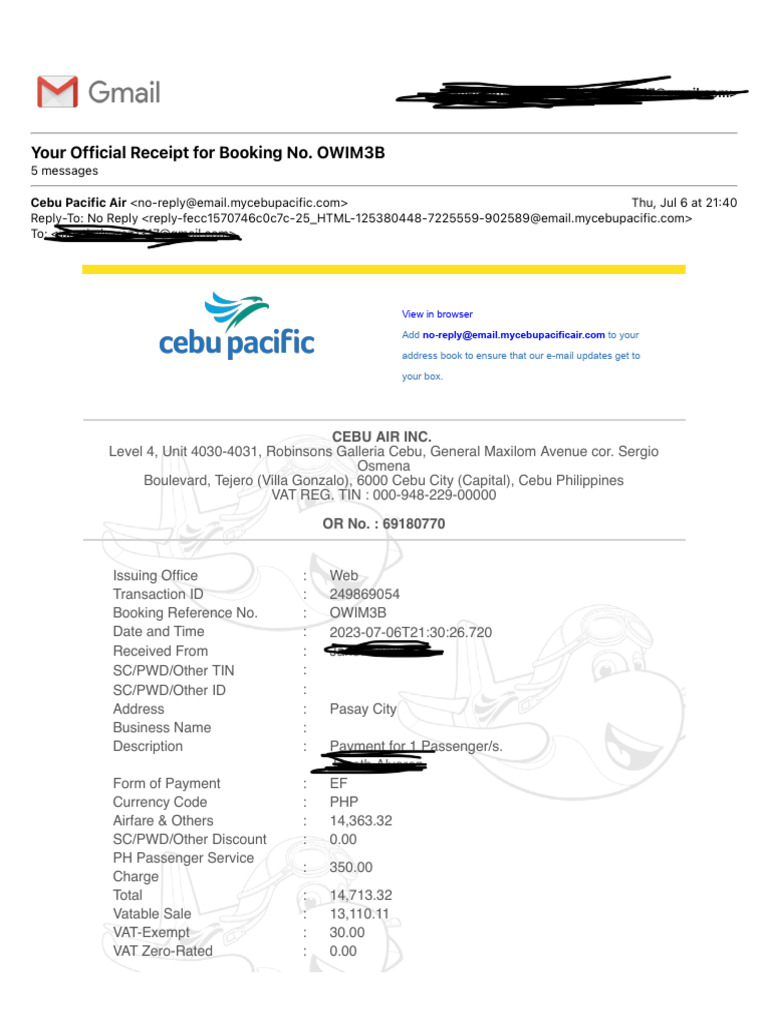 Your Official Receipt For Booking No. OWIM3B PDF | PDF | Receipt | Internet