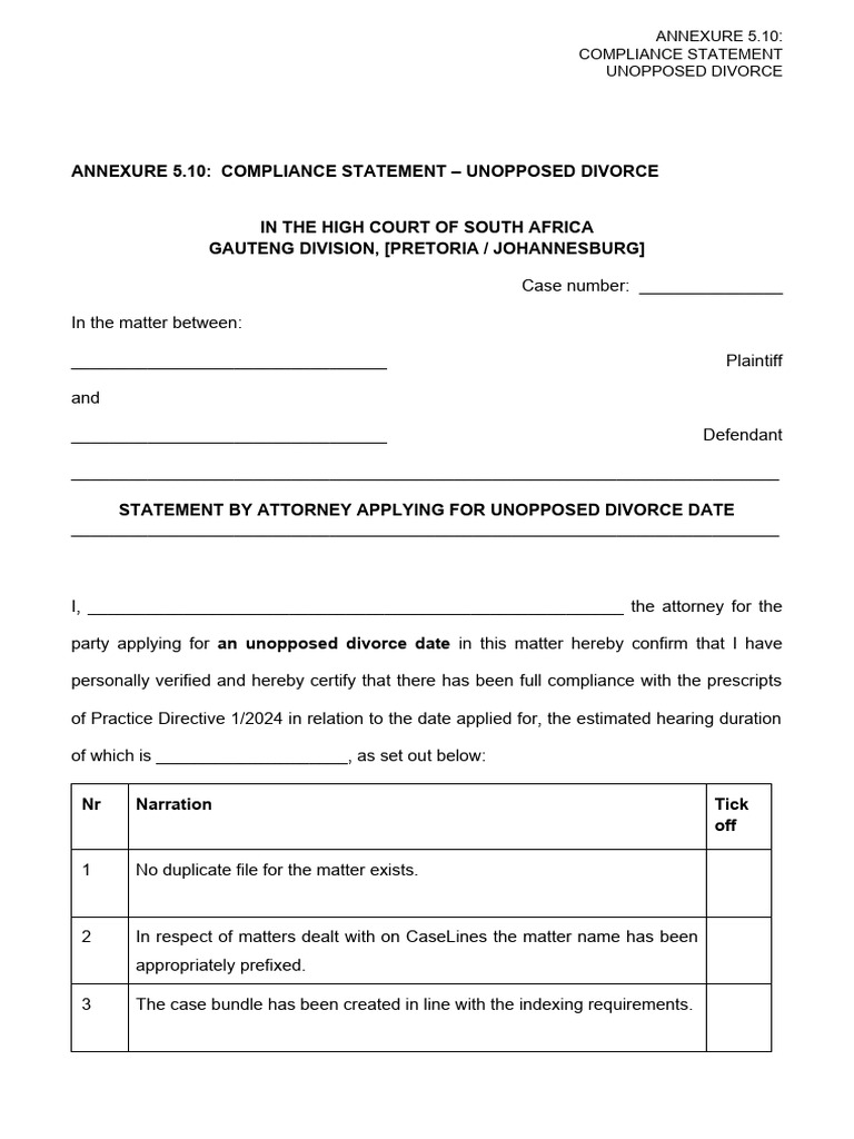 Compliance Statement for Unopposed Divorce | PDF | Lawyer | Public Law