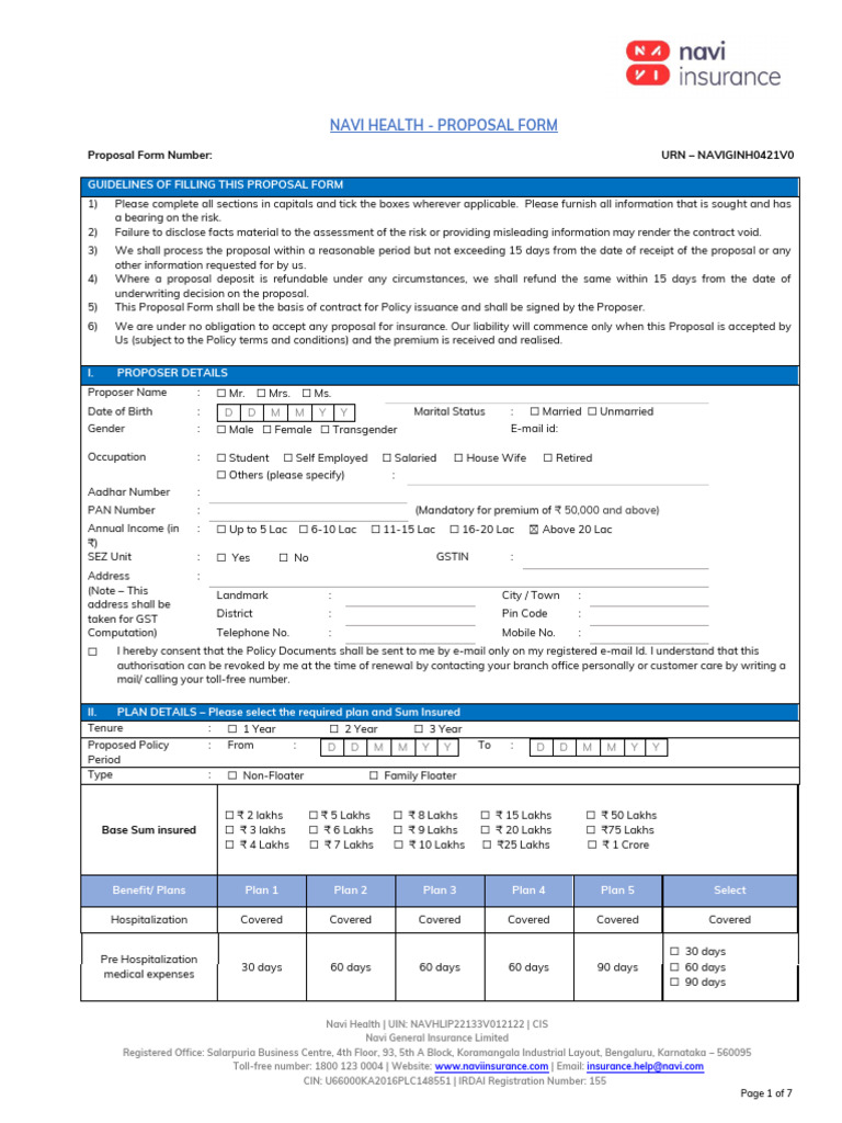 Navi Health - Proposal Form Final 4Kt1hV1 | PDF | Insurance | Cheque