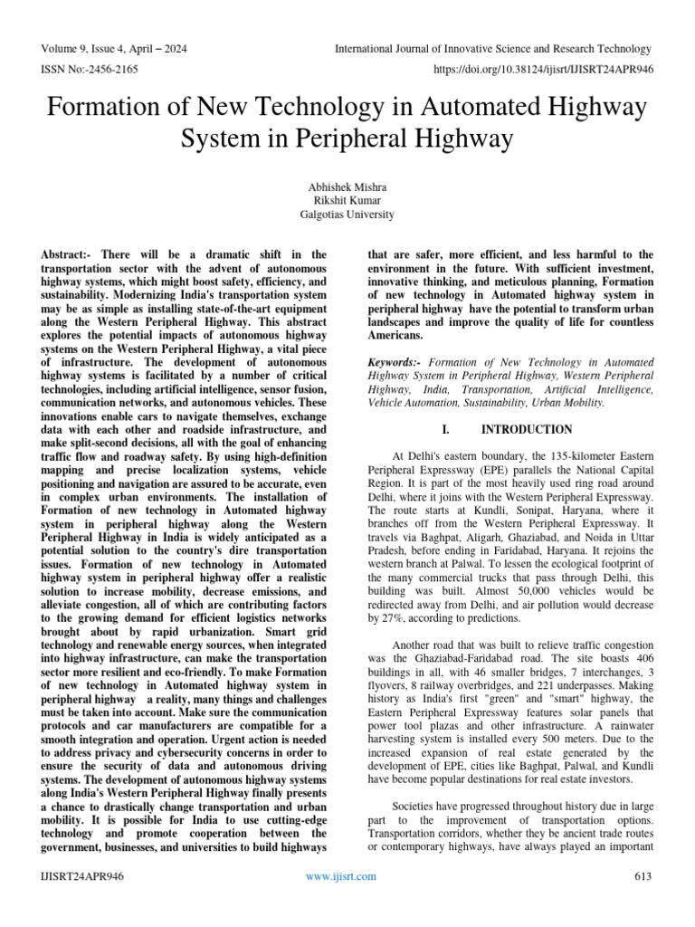 Formation of New Technology in Automated Highway System in Peripheral Highway | PDF | Automation ...