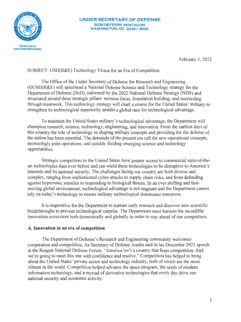 For More Information On The USD (RE) Technology Vision For An Era of ...