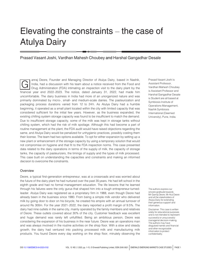 Elevating The Constraints - The Case of Atulya Dairy | PDF | Milk | Dairy Elevating The Constraints - The Case of Atulya Dairy | PDF | Milk | Dairy