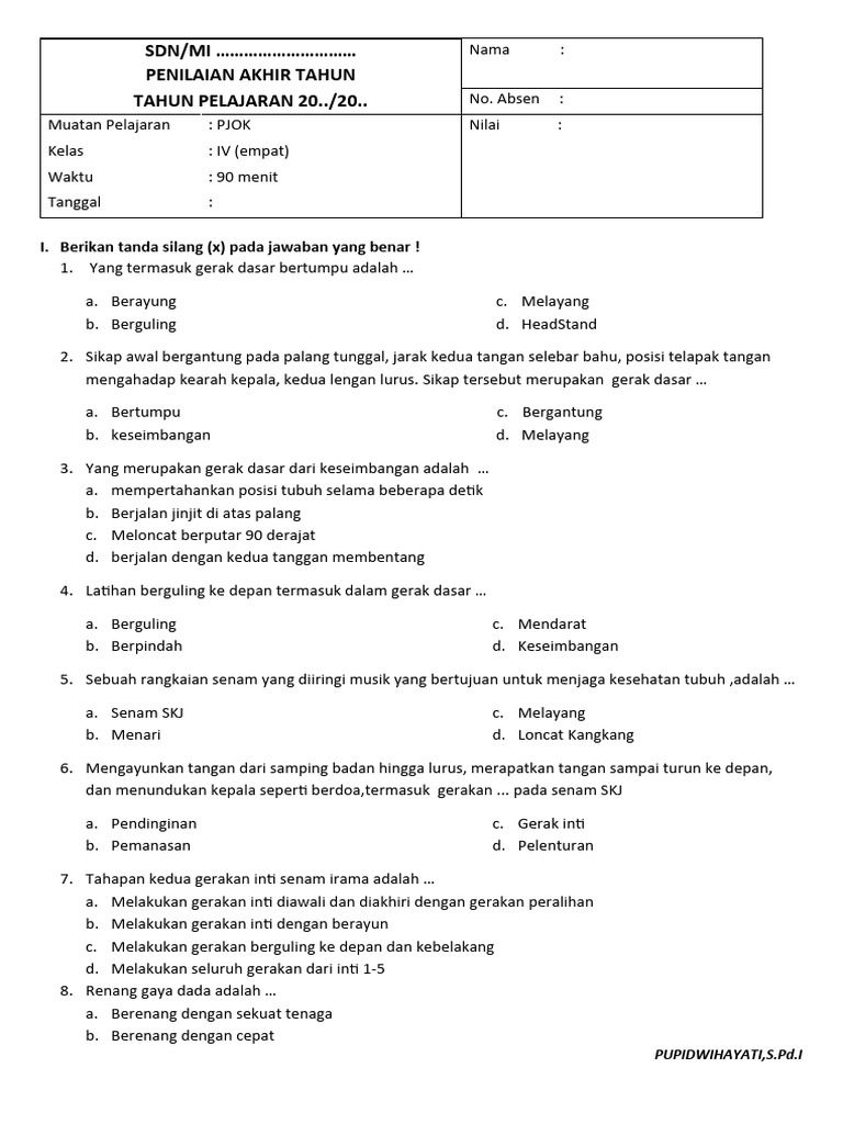 Soal PAT PJOK Kelas 4 K13 | PDF