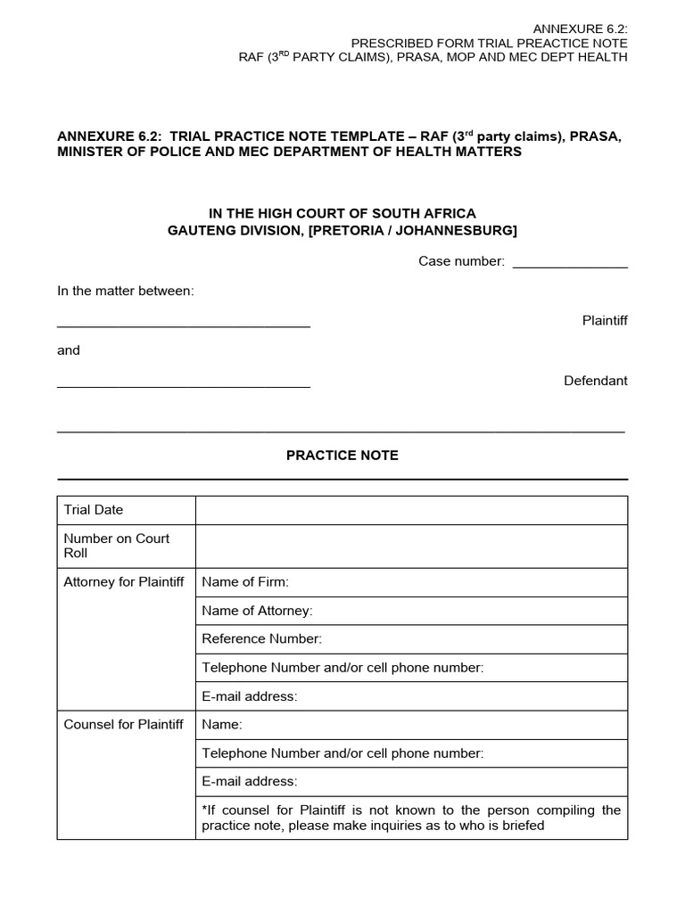 RAF Trial Practice Note Template | PDF | Trials | Witness