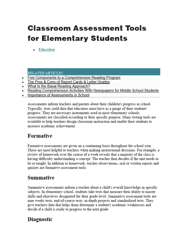 Classroom Assessment Tools For Elementary Students 2 | PDF ...