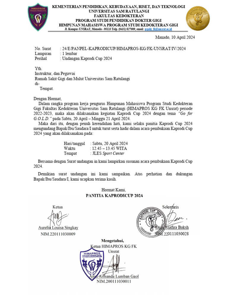 Undangan Instruktur, Dan Pegawai RSGM Kaprodicup 2024 | PDF