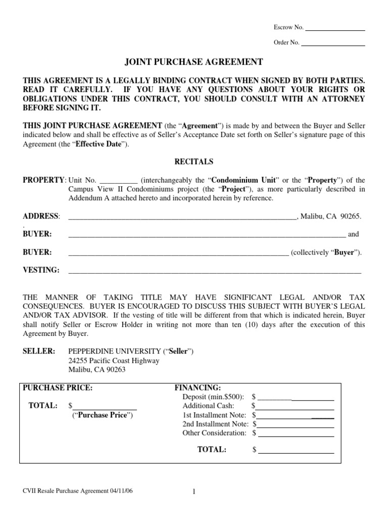 Joint Purchase Agreement | PDF | Covenant (Law) | Title Insurance