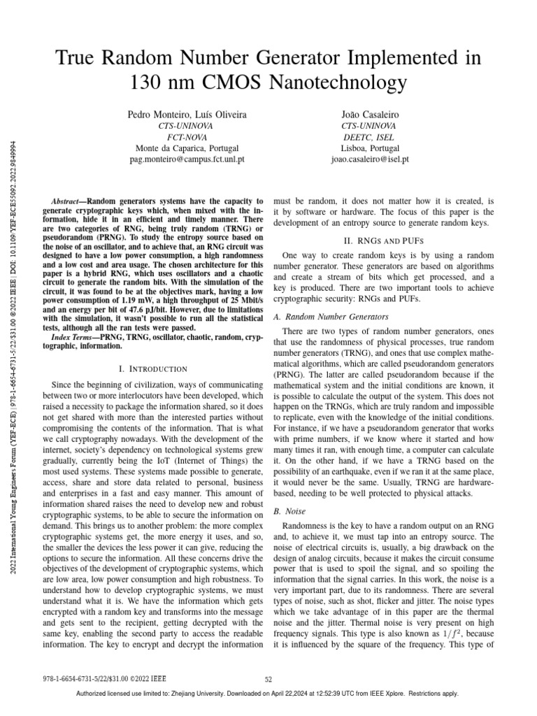 True Random Number Generator Implemented in 130 NM CMOS Nanotechnology ...