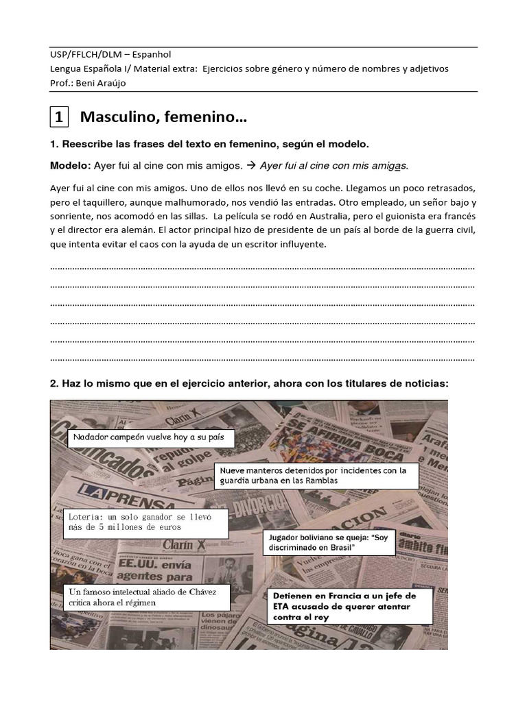 USP - LE-1 - U1 - Ejercicios de Gramática - Género y Número | PDF ...