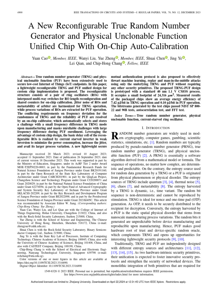 A New Reconfigurable True Random Number Generator and Physical Unclonable Functi | PDF ...