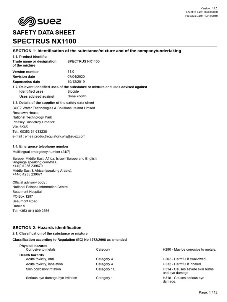SDS - Spectrus NX1100 | PDF | Dangerous Goods | Toxicity
