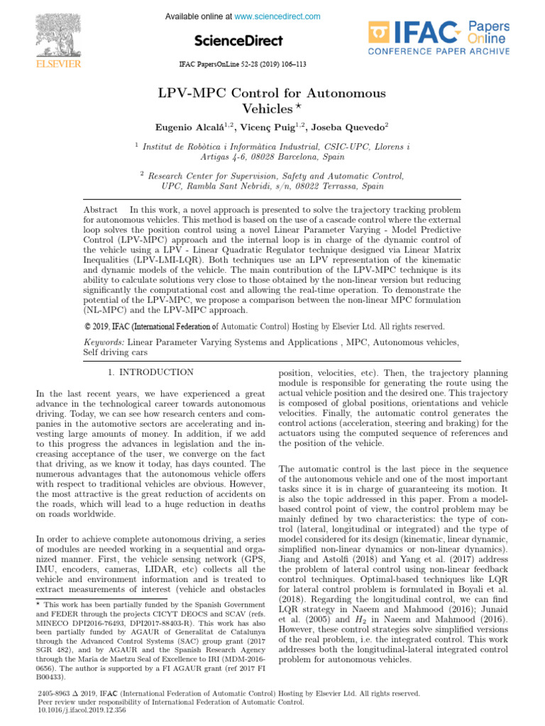 LPV-MPC for Autonomous Vehicle Control | PDF | Mechanics | Applied ...